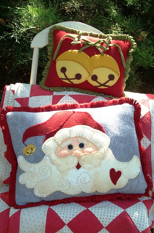 Jingle Bell Santa Pillows - Wool Applique Pattern - Shipped