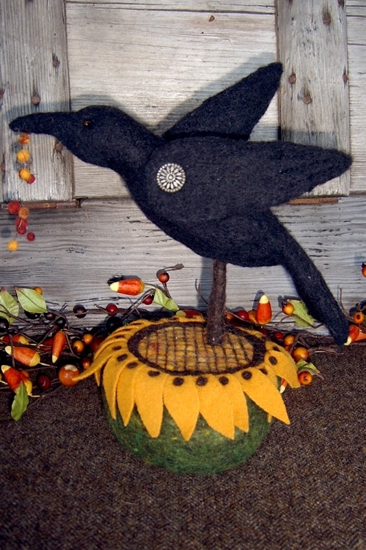 Needle Felted Crow on a Sunflower Pin Cushion Base