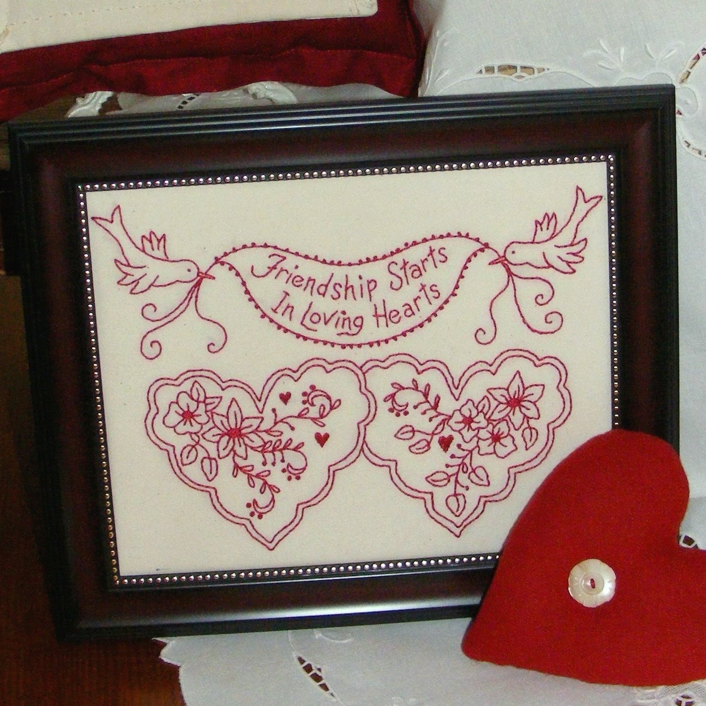 Loving Hearts Redwork - Hand Embroidery - Shipped