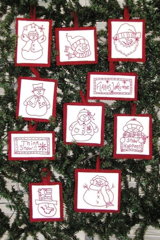 Snowmen RedWork Ornament Collection - Set of 10 - Machine Embroidery ...