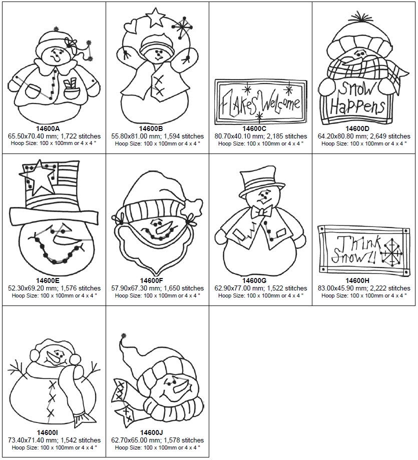 Snowmen RedWork Ornament Collection - Set of 10 - Machine Embroidery ...