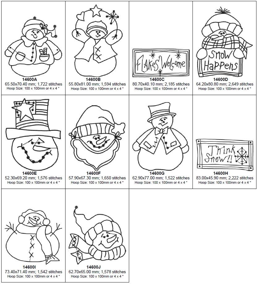 Snowmen RedWork Ornament Collection - Set of 10 - Machine Embroidery ...