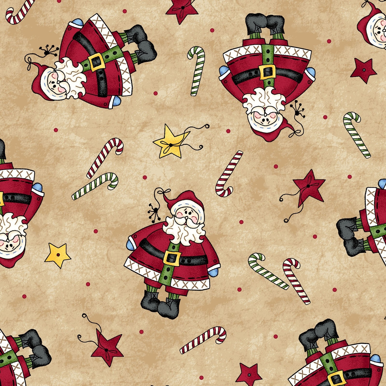 Cotton Fabric of Santas on a Tea-Dyed Background