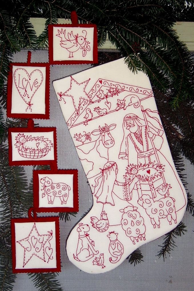 Nativity Pageant RedWork Stocking - Hand Embroidery Pattern - Shipped