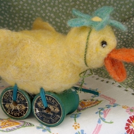 Needle Felted Little Duckling on Vintage Wooden Spools