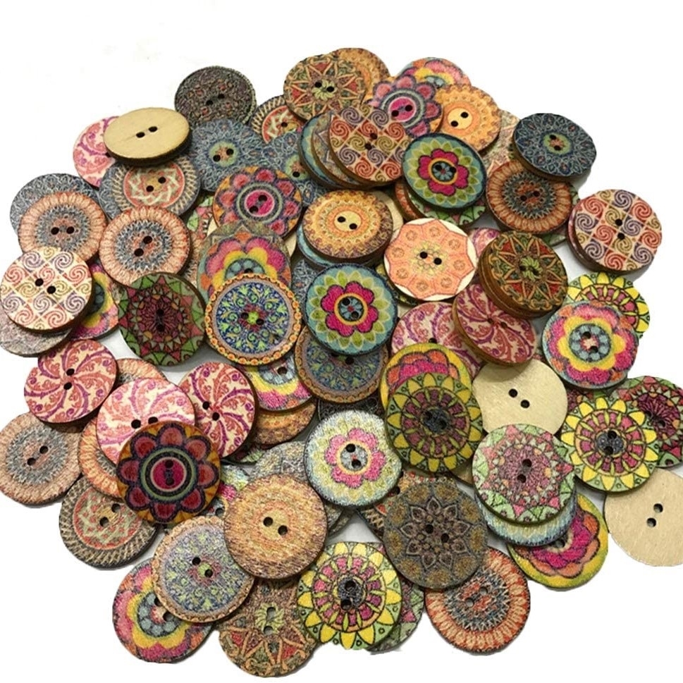 12 Vintage-look Wooden Buttons (approx. 3/4") Random Assorted designs.
