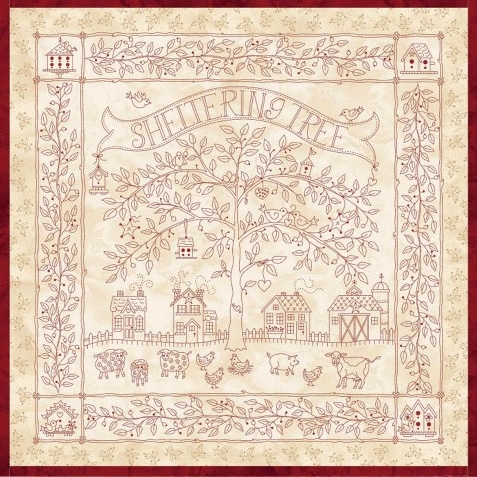 Sheltering Tree - Panel - Tan/Red Cotton Fabric