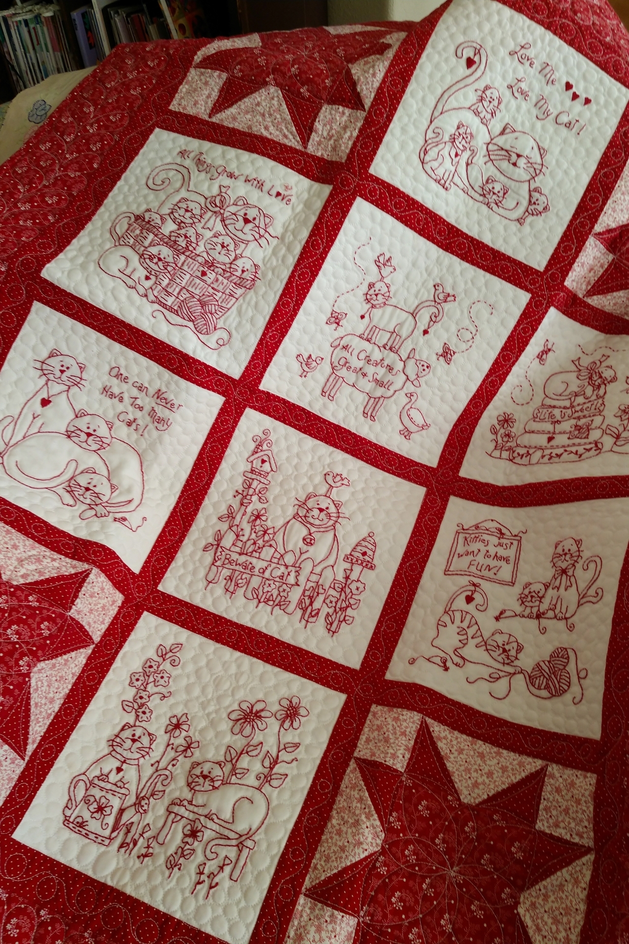 Love Me, Love My Cat RedWork Quilt - Hand Embroidery Pattern - Shipped