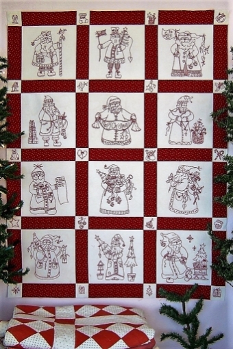 Here Comes Santa Redwork Quilt - Hand Embroidery Pattern Shipped