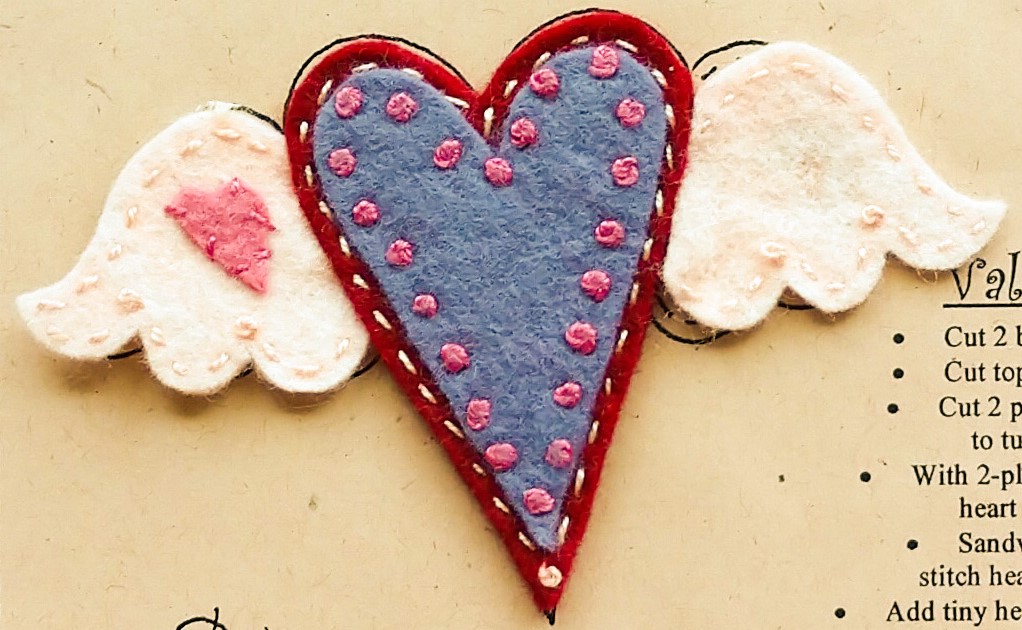 Winged Hearts - Wool Applique Pattern - Shipped