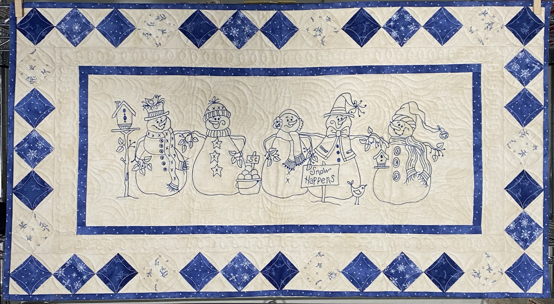 5 Machine Embroidered BlueWork Snowmen March Down your Tabletop.