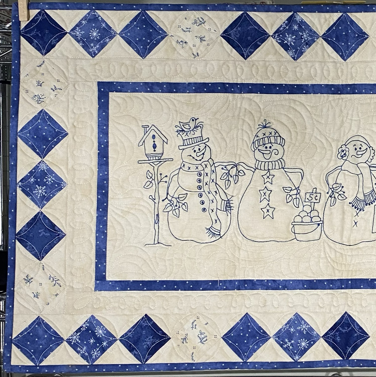 5 Machine Embroidered BlueWork Snowmen March Down your Tabletop.
