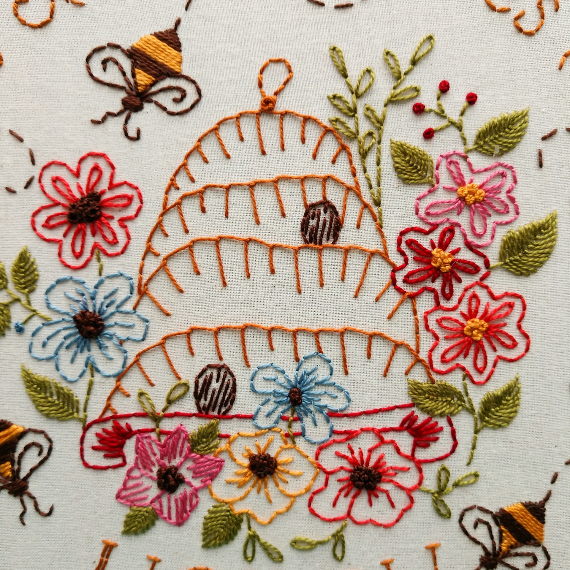 Flowers, Bees & Honey Hoop - Hand Embroidery Pattern - Shipped
