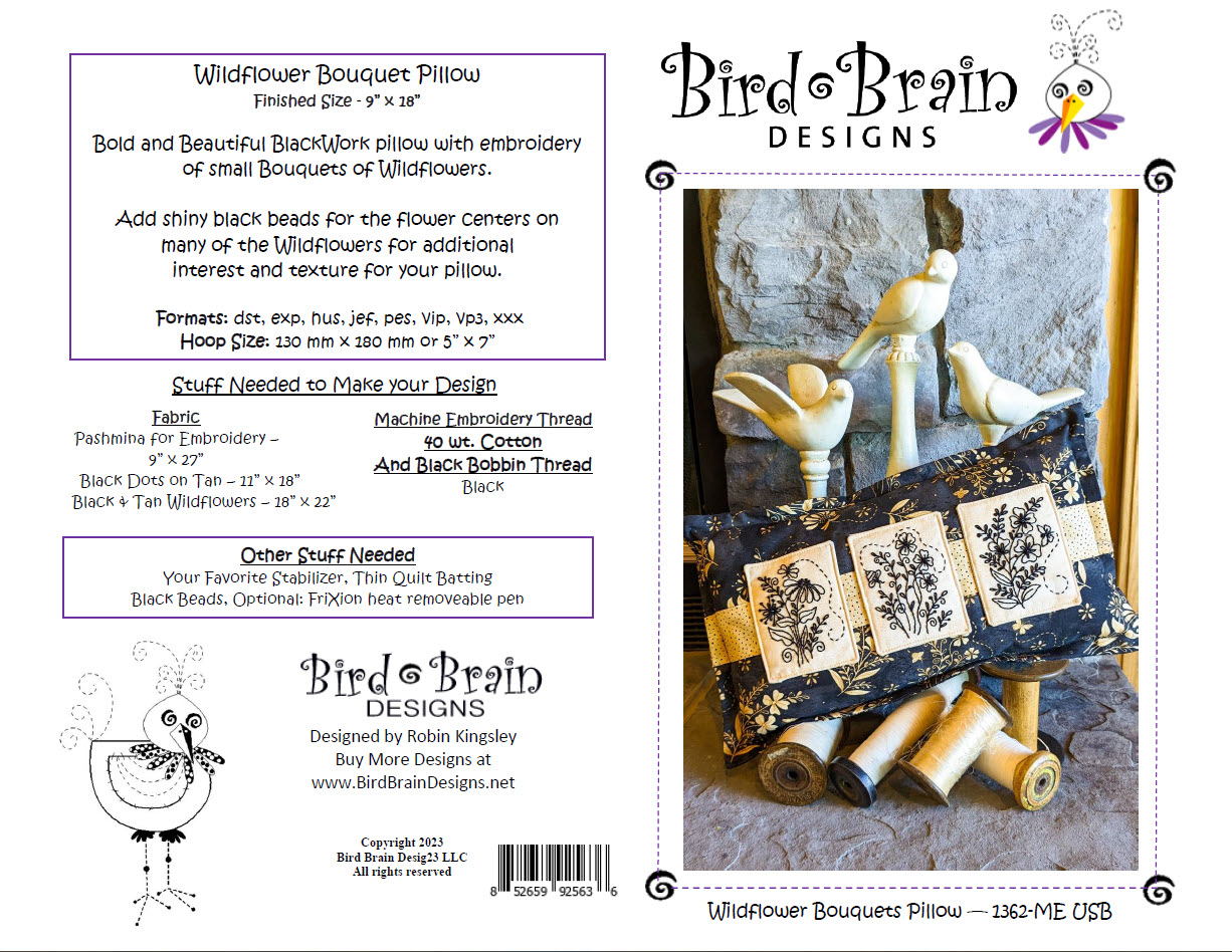 Wildflower Bouquet Pillow - Machine Embroidery Pattern - Download
