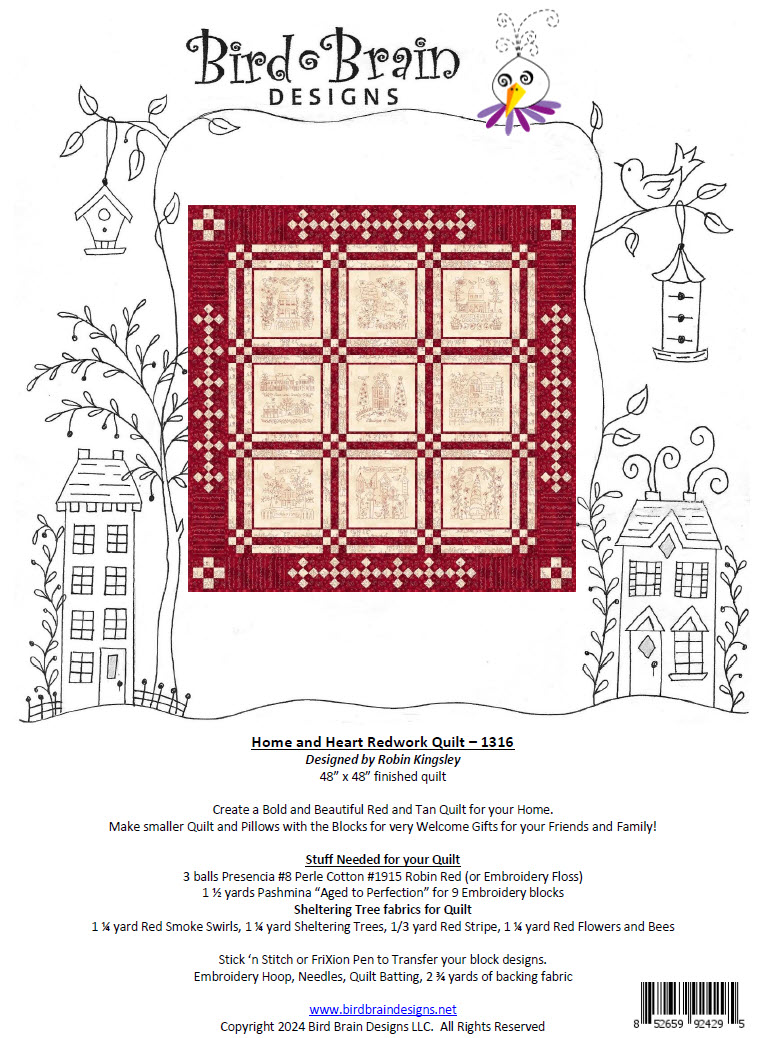 Home and Heart RedWork Quilt - Hand Embroidery Pattern - Shipped