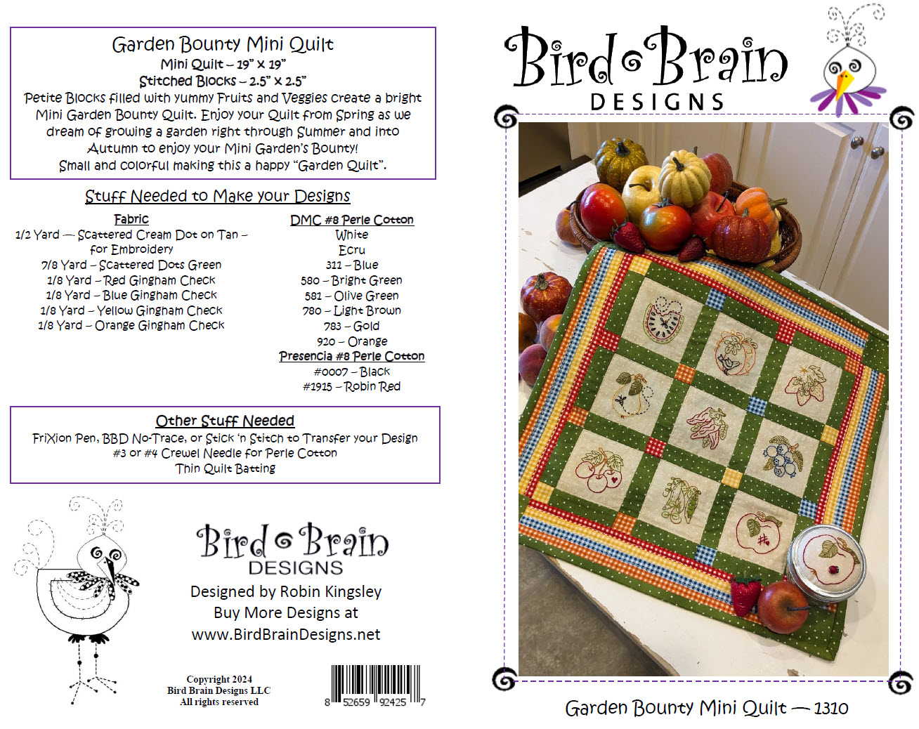Garden Bounty Mini Quilt - Hand Embroidery Pattern - Download