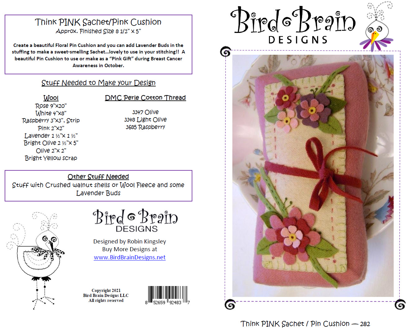 Think PINK Sachet/Pin Cushion - Wool Applique Complete Kit