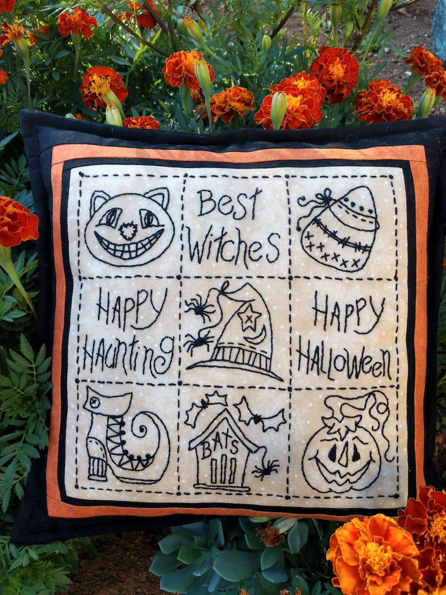 Halloween Motifs Sampler Pillow - Hand Embroidery Complete Kit