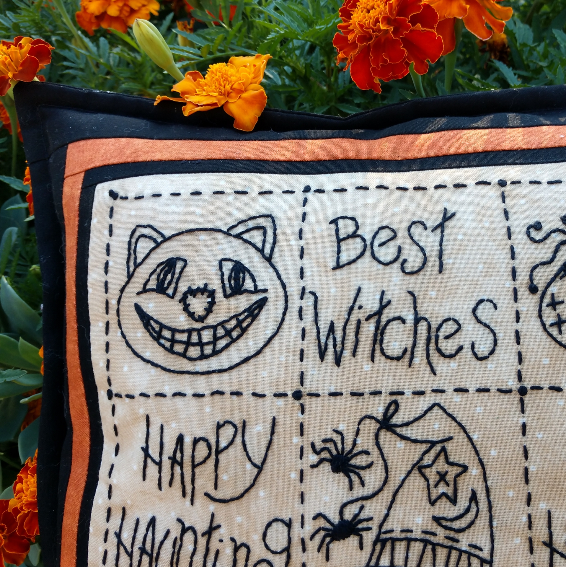 Halloween Motifs Sampler Pillow - Hand Embroidery Complete Kit