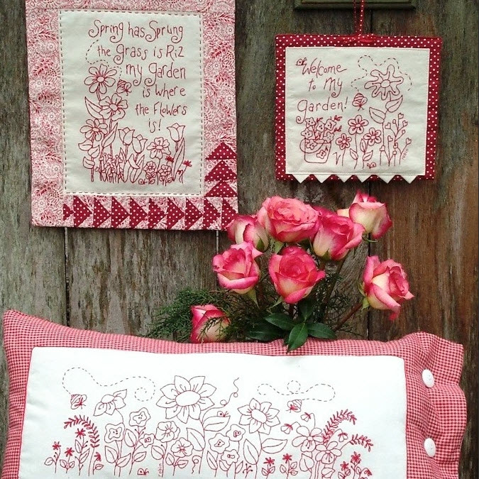 Spring Garden RedWork - Machine Embroidery Pattern - Download