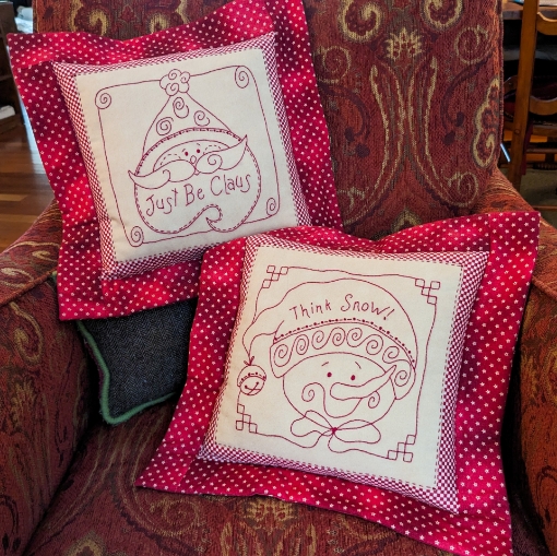 A pair of RedWork embroidery pillows for winter & the holidays.