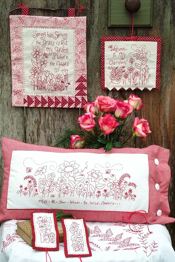 Spring Garden RedWork - Hand Embroidery Pattern - Download