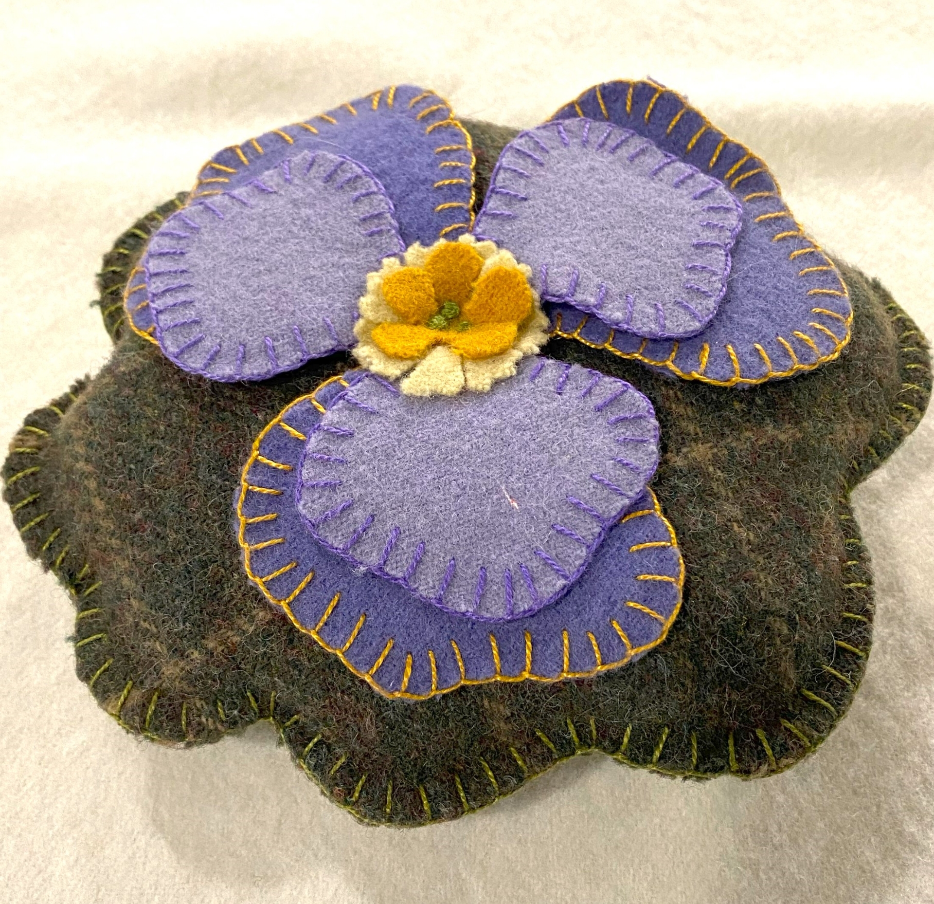 Lavender Pansy Pin Cushion - Wool Applique - Shipped