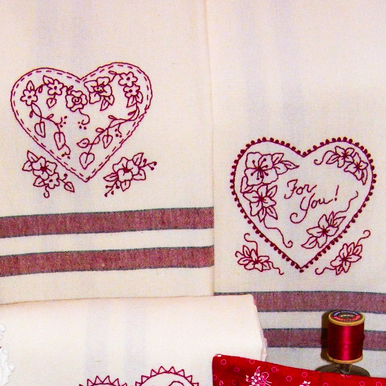 Hearts & Flowers Redwork Tea Towels - Machine Embroidery Pattern - Download