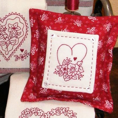 Hearts & Flowers Redwork Tea Towels - Machine Embroidery Pattern - Shipped