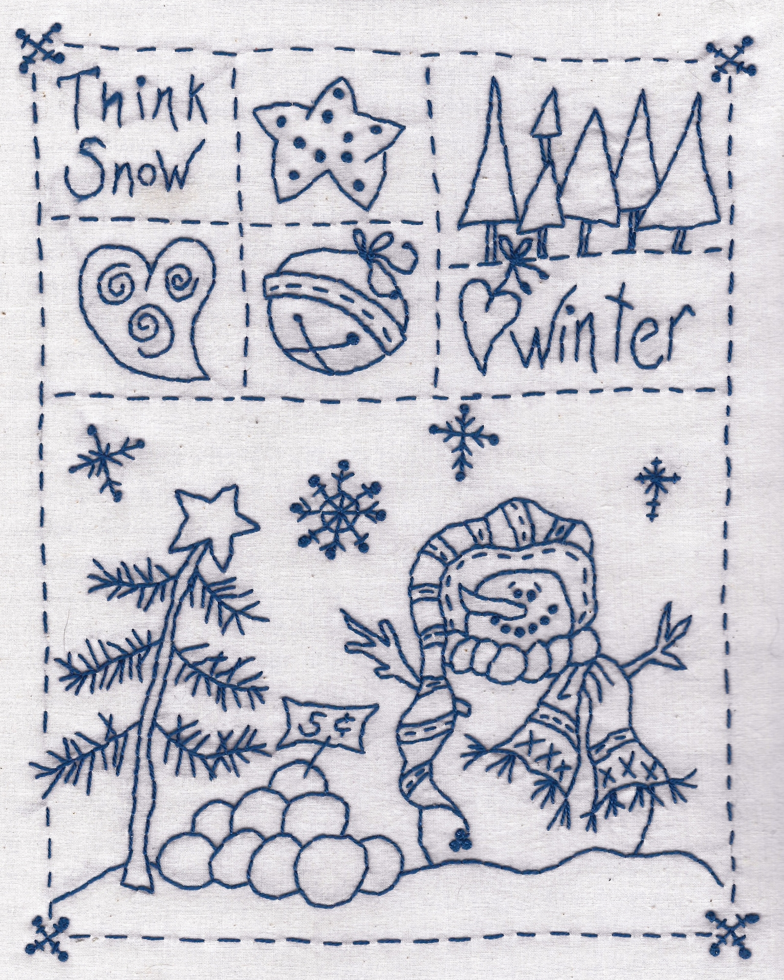 Winter Snowman BlueWork - Hand Embroidery Pattern - Shipped
