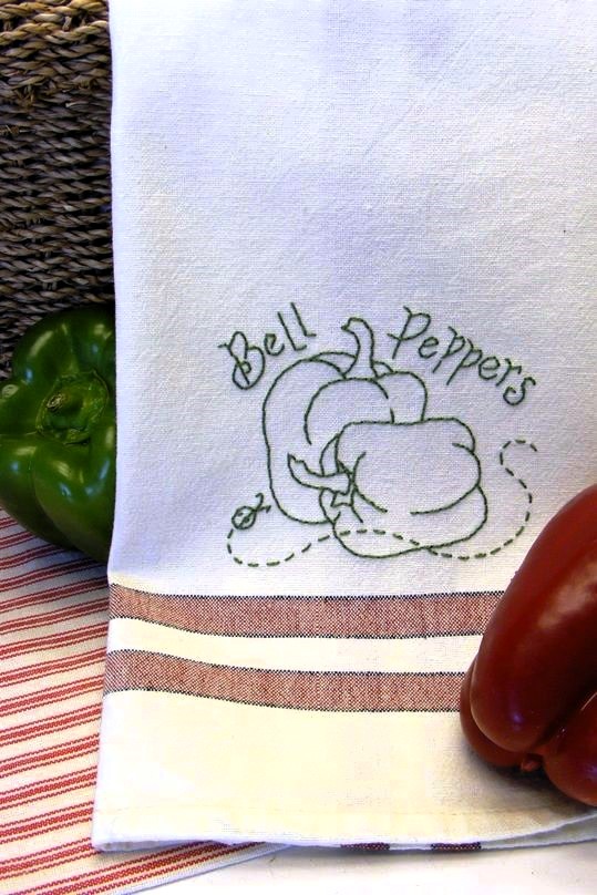 Fruit & Veggie Bell Peppers Tea Towel - Hand Embroidery Pattern - Download